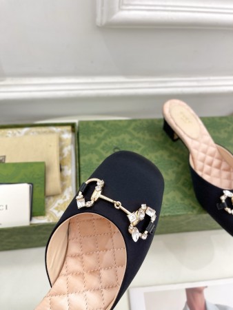 Replica Gucci Horsebit Mules in Black Satin with Crystals