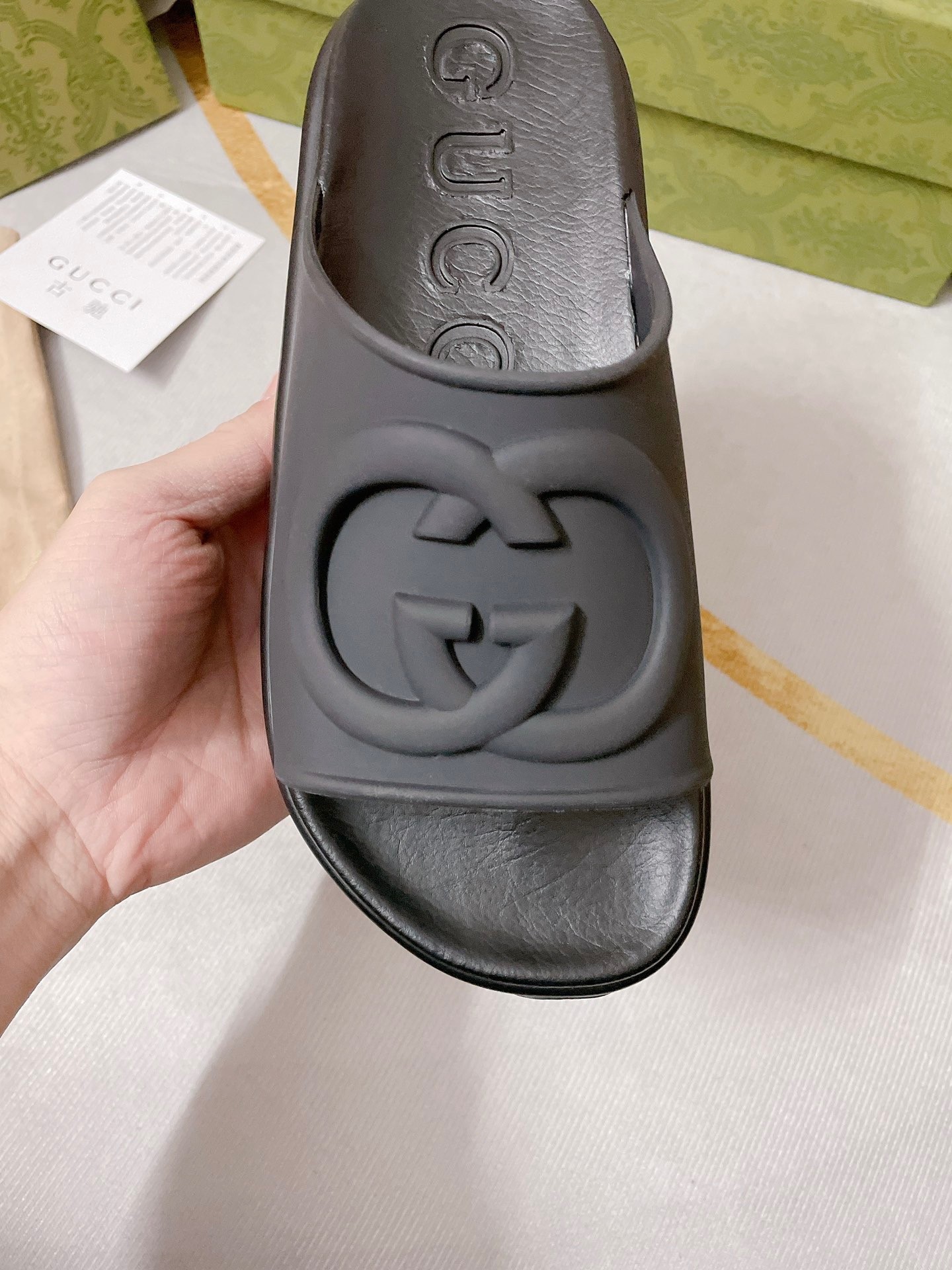 Replica Gucci Slide Sandals in Black Rubber with Interlocking G