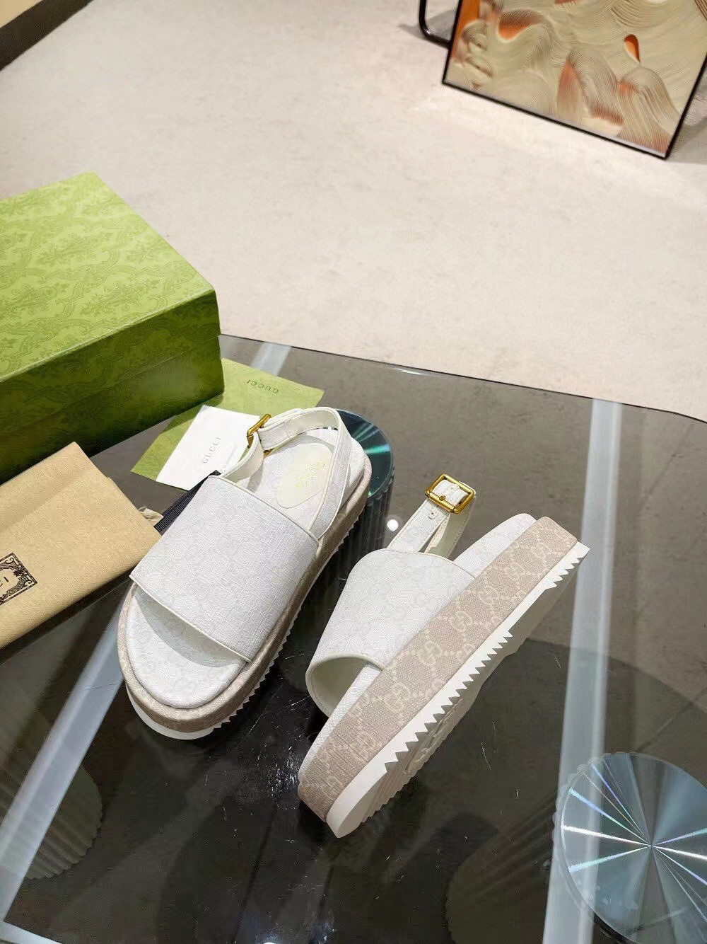 Replica Gucci Platform Sandals in White GG Supreme Canvas