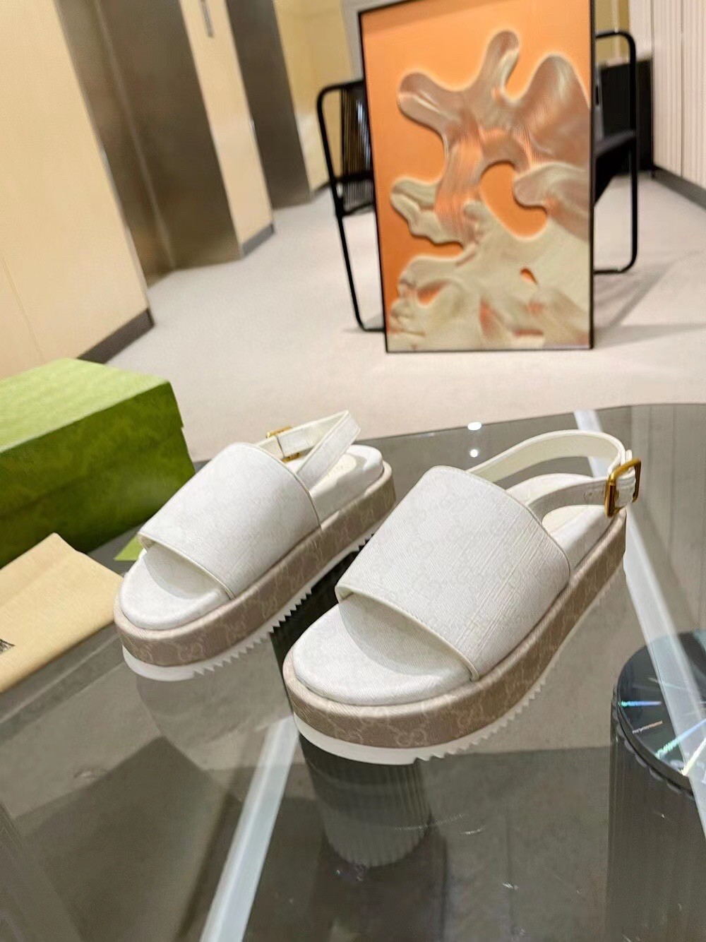 Replica Gucci Platform Sandals in White GG Supreme Canvas